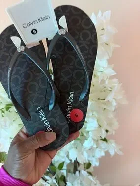 Calvin Klein | Shoes | Calvin Klein Black And Gray Logo Thong Sandals ...